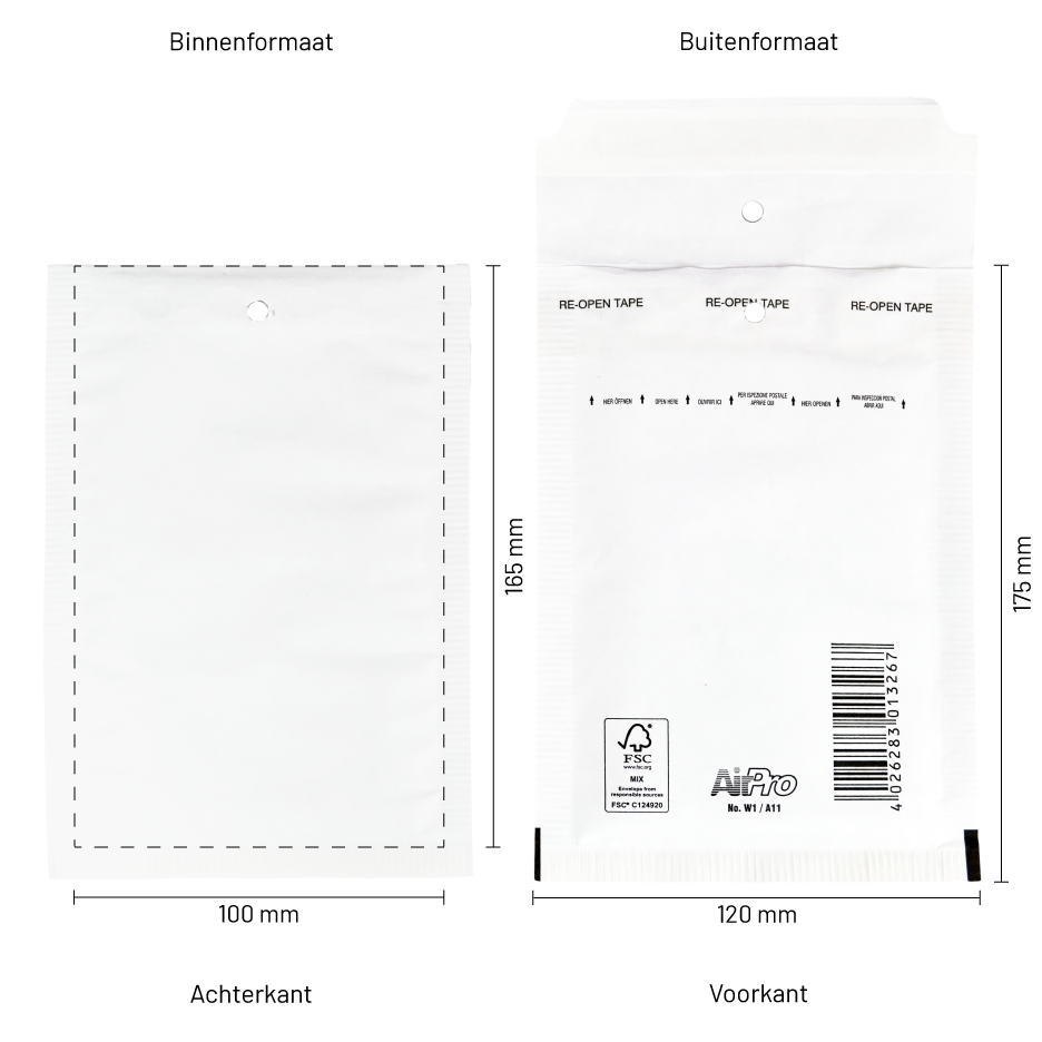 Luchtkussen Enveloppen 100 x 165 mm Wit (200 stuks)